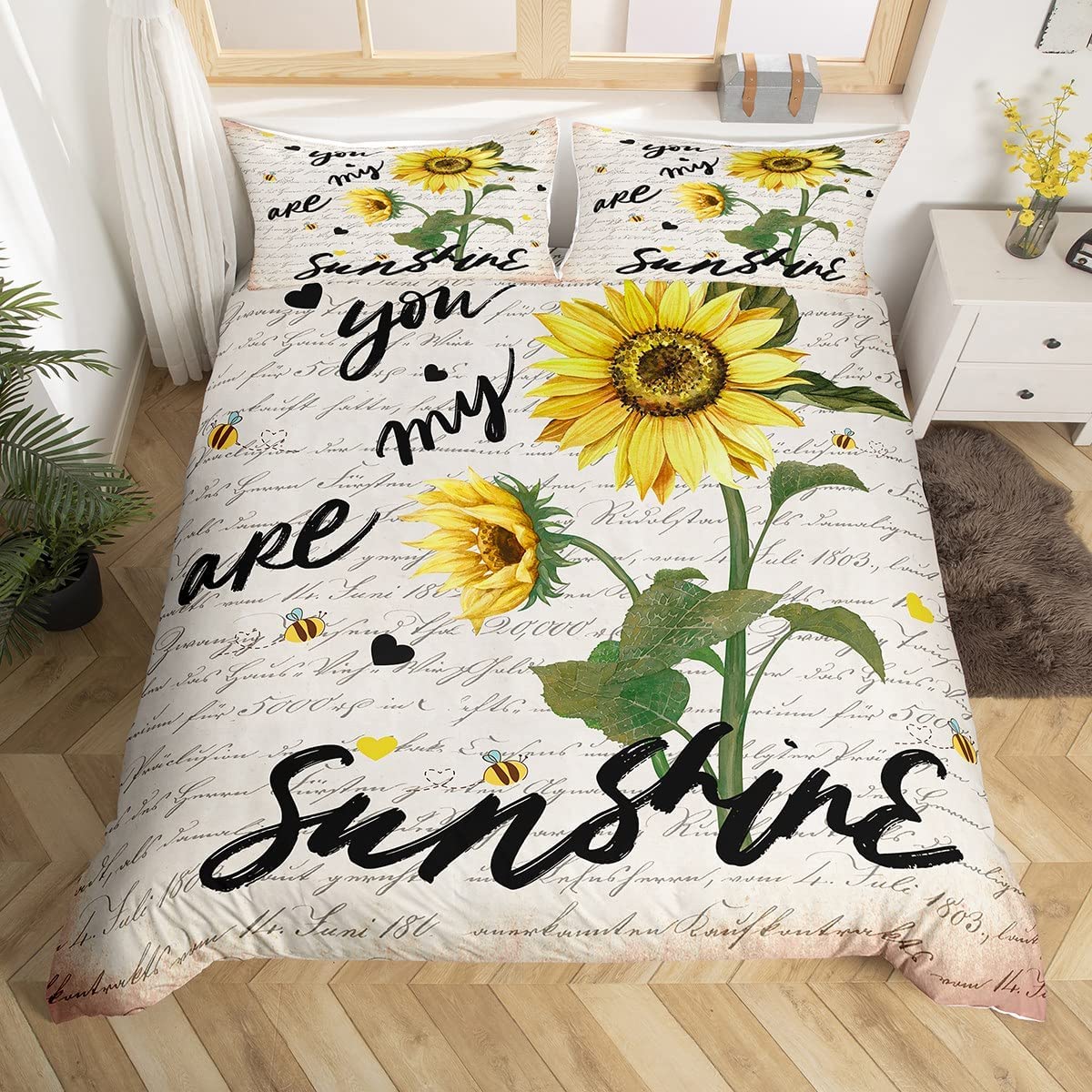 Sunflower Duvet Cover Sets,Rustic Farmhouse Bee Bedding Set 3pcs for ...