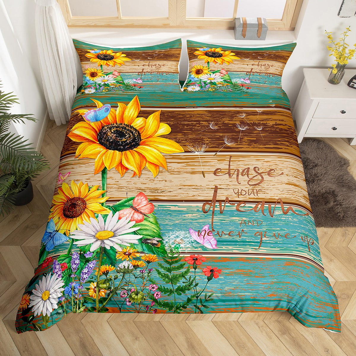 Sunflower Duvet Cover Watercolor Butterfly Bedding Set,Retro Vintage ...