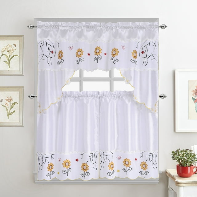 Sunflower Embroidered 3-Piece Kitchen Curtain Tiers & Swag Set, Red ...