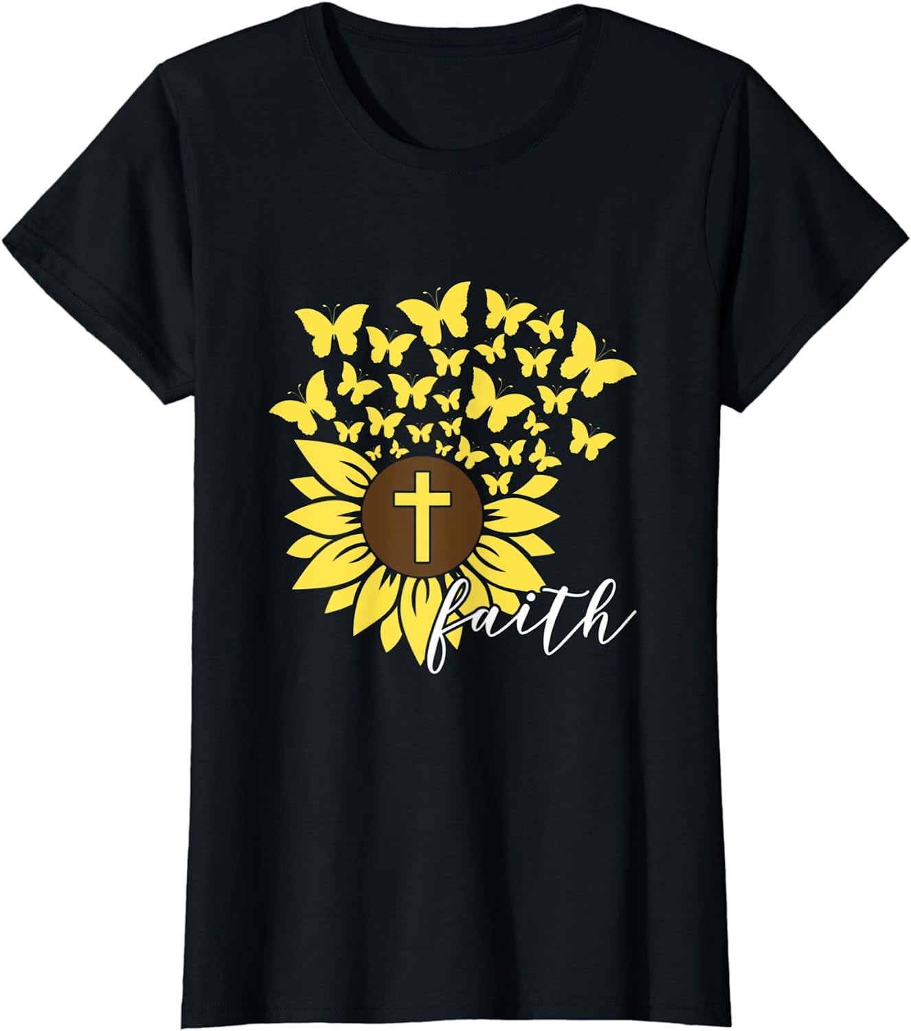 Sunflower Faith Cross Butterflies Christian Religious Flower T-Shirt ...