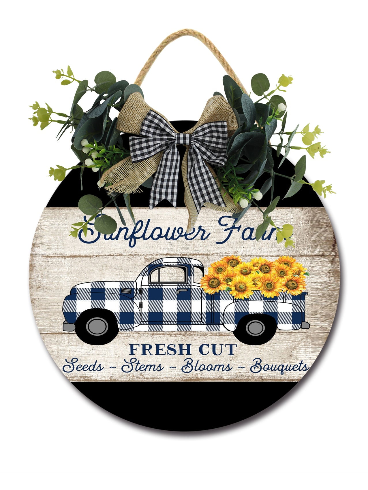 Sunflower Farm Truck Sign Front Door Porch Decorations, Round Rustic ...