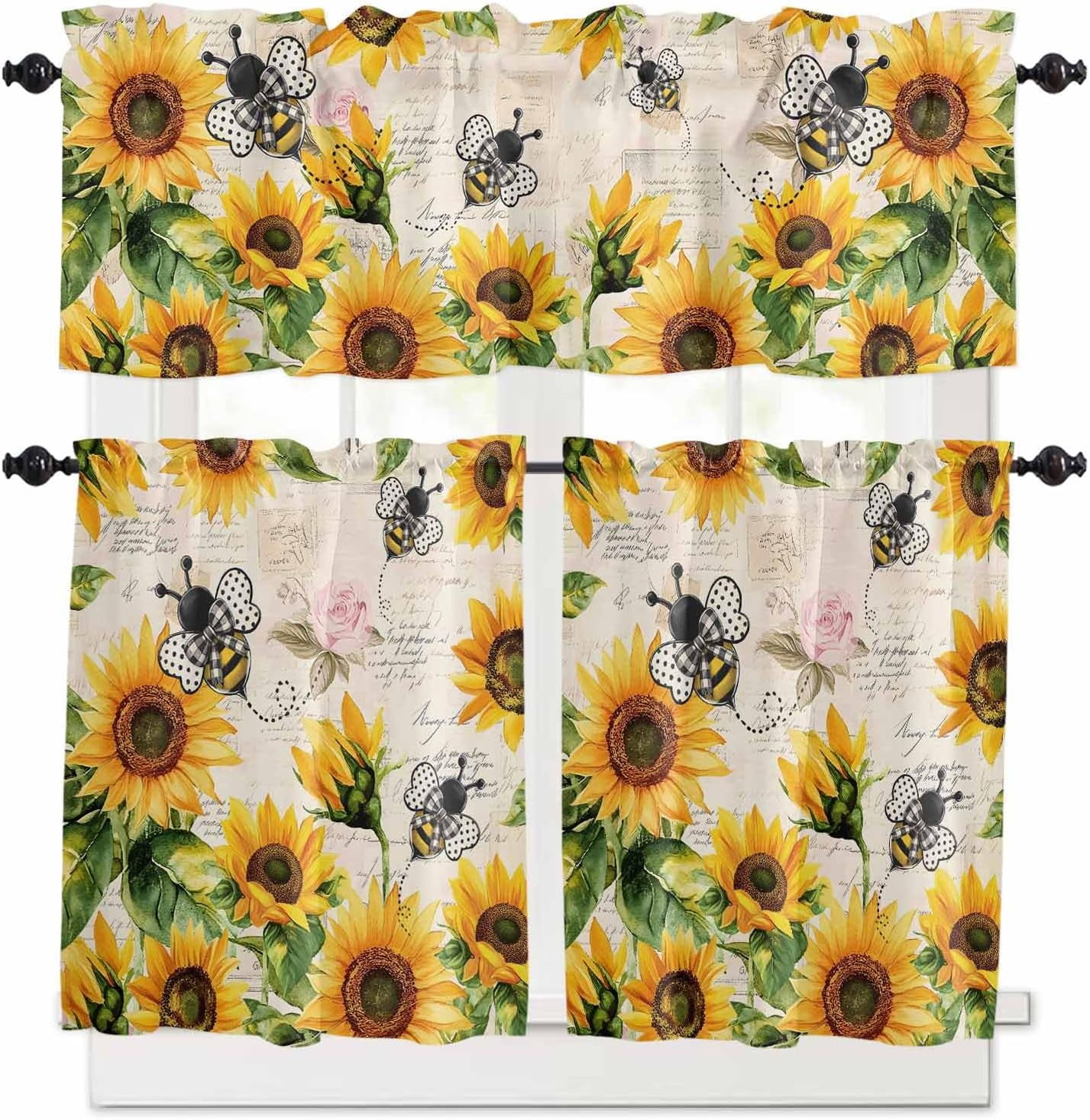 Sunflower Farmhouse Kitchen Curtains, Spring Summer Floral 3-Piece ...