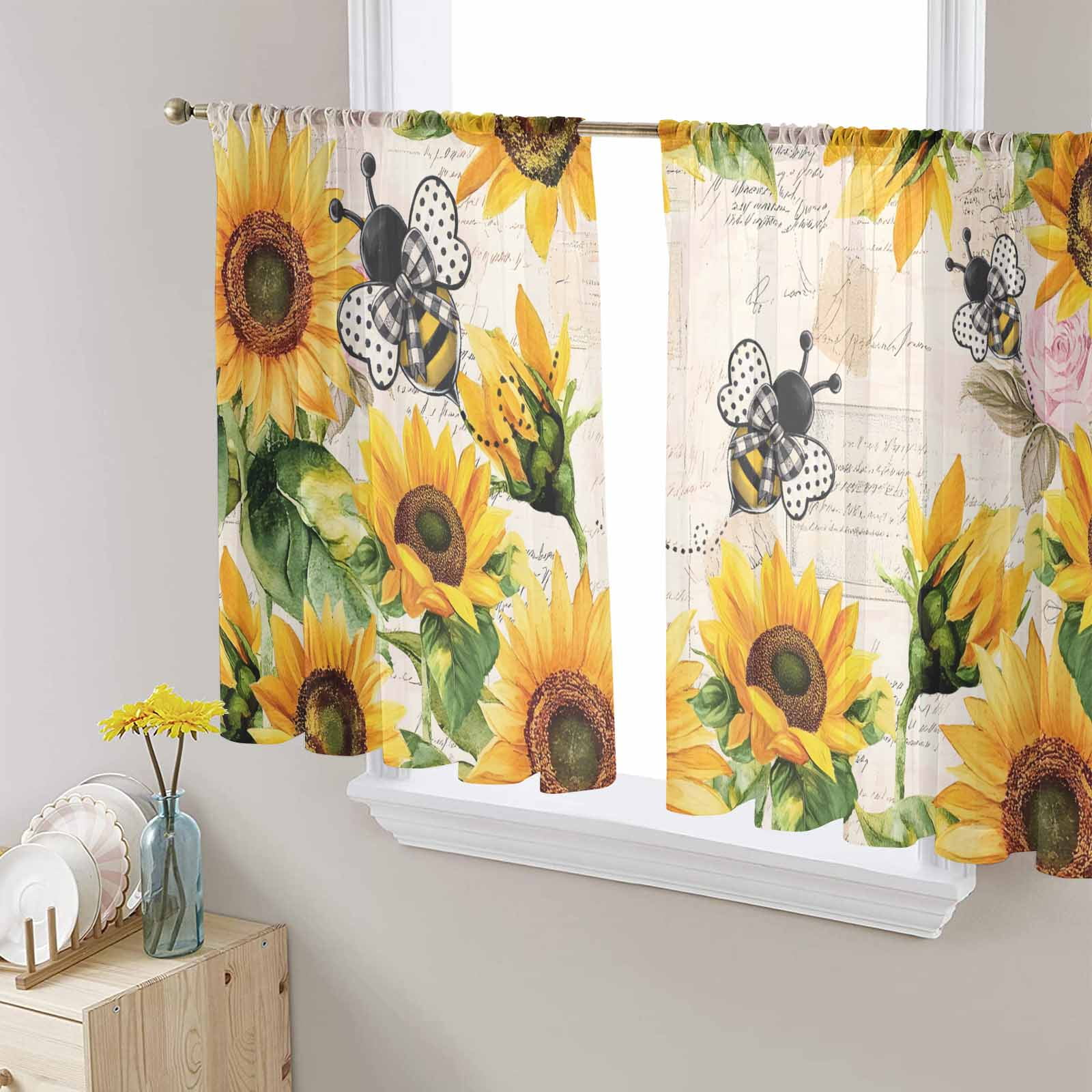 Sunflower Farmhouse Semi Sheer Window Curtains 45 Inches Long, Spring ...