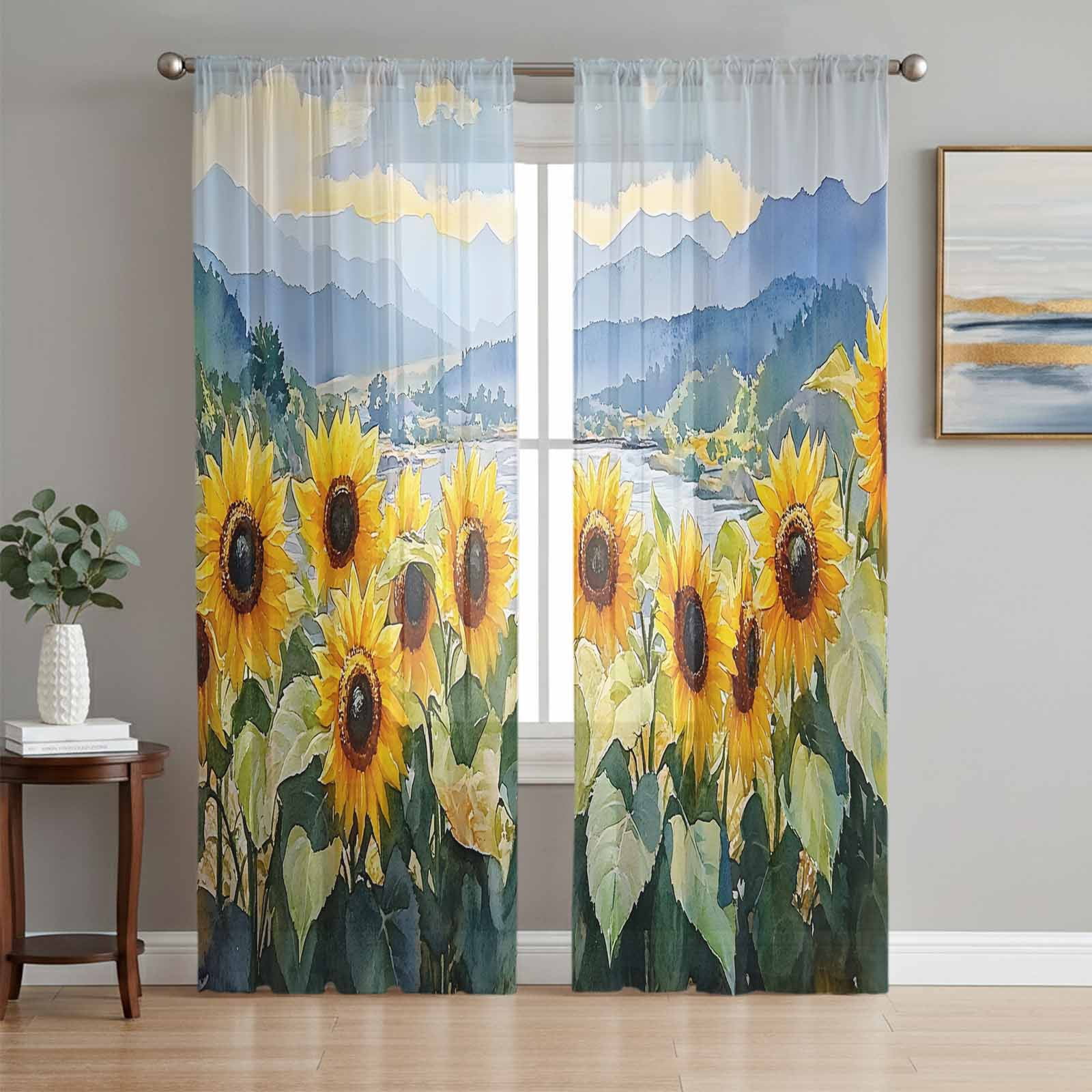 Sunflower Field Sheer Curtains 63 Inch Length 2 Panels Set, Summer ...