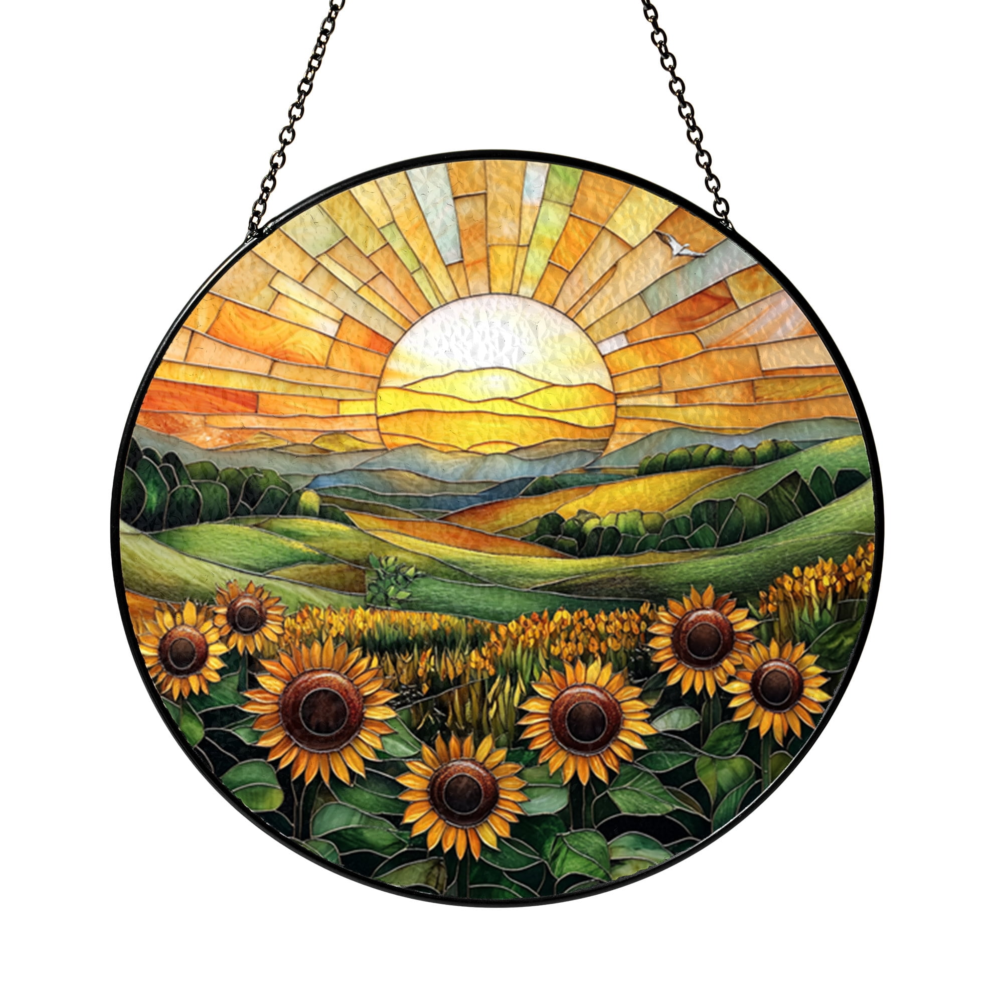 Sunflower Field Sunset Stained Glass Suncatcher, Scenic Window Hanging ...