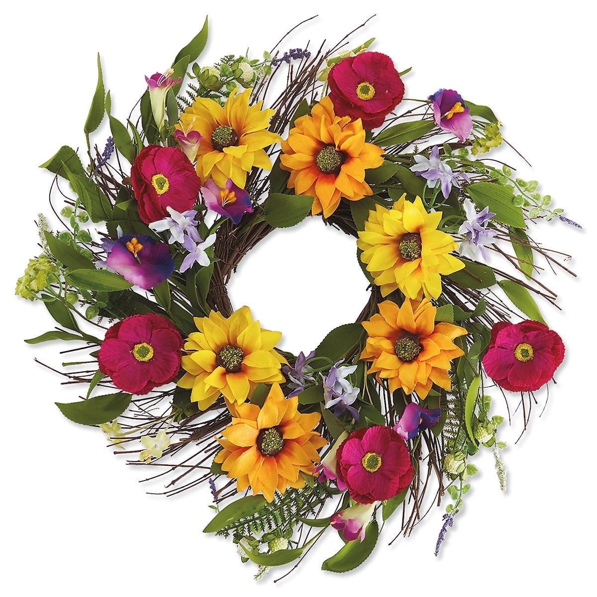 Sunflower Field Wreath - 20" Across, Grapevine Base, Sunflowers And ...