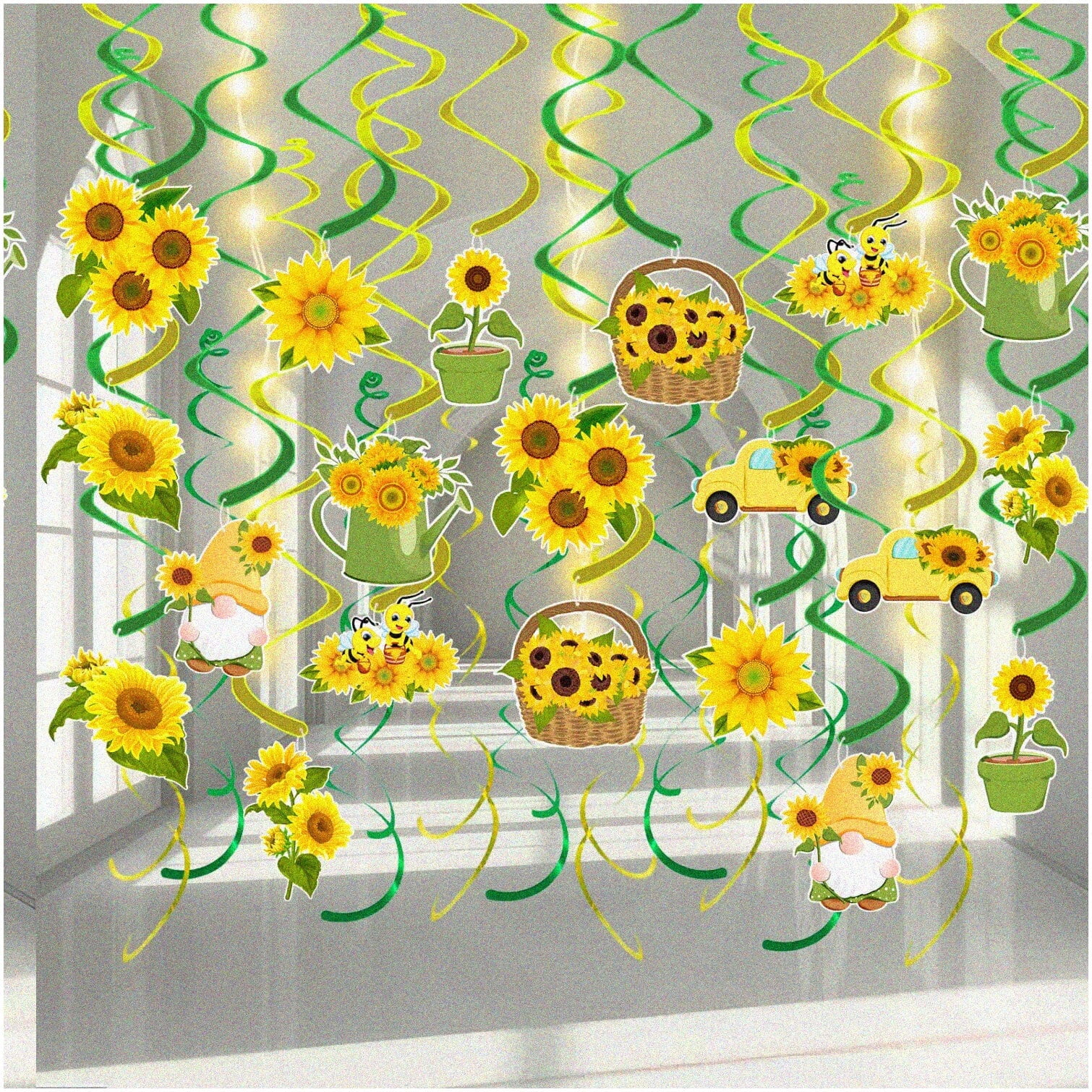 Sunflower Fiesta: 33pcs Yellow Sunflower Gnome Hanging Swirls with LED ...