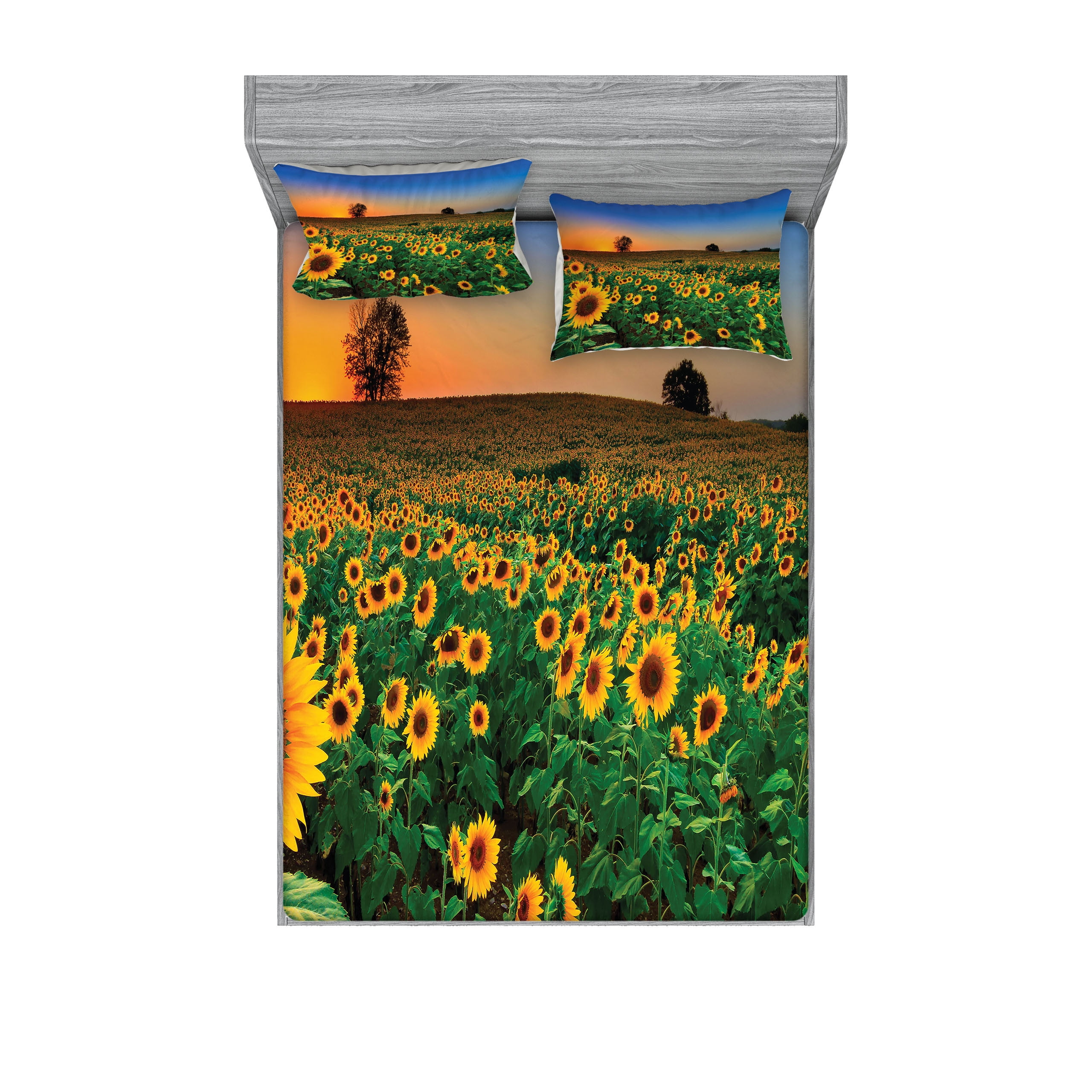 Sunflower Fitted Sheet & Pillow Sham Set, Summer Themed Digitally ...