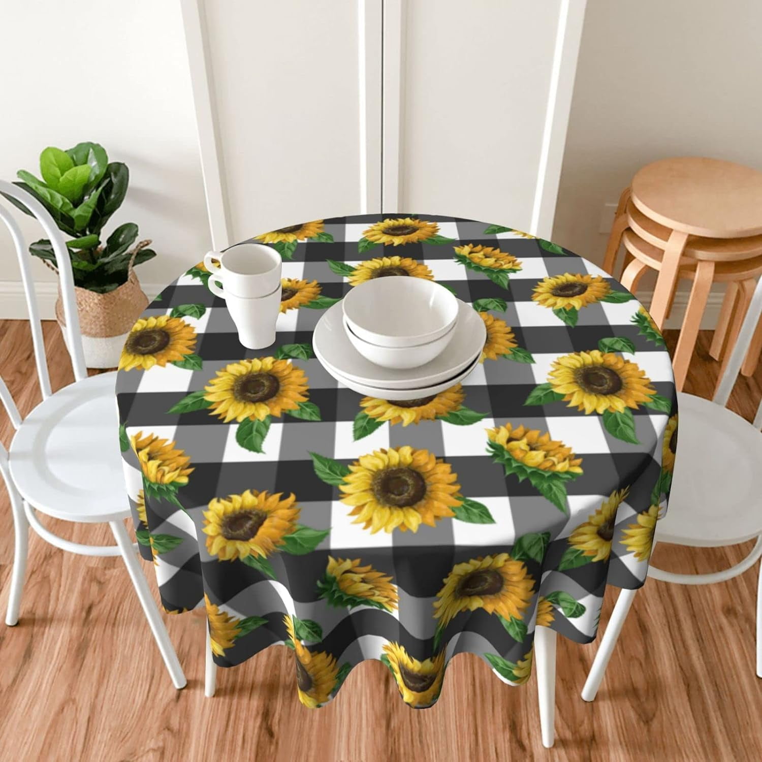 Sunflower Floral Black White Plaid Round Tablecloth 60 Inch, Decorative ...