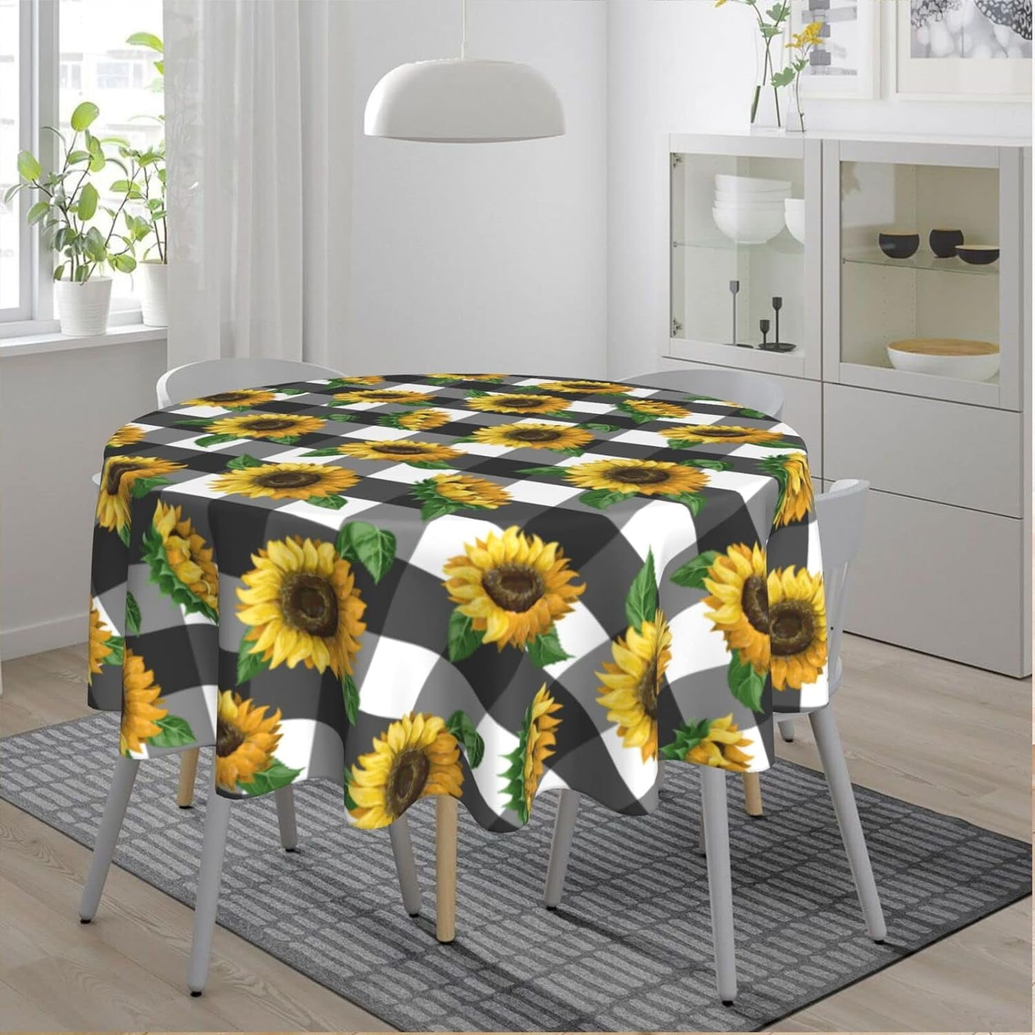 Sunflower Floral Black White Plaid Round Tablecloth 60 Inch, Decorative ...
