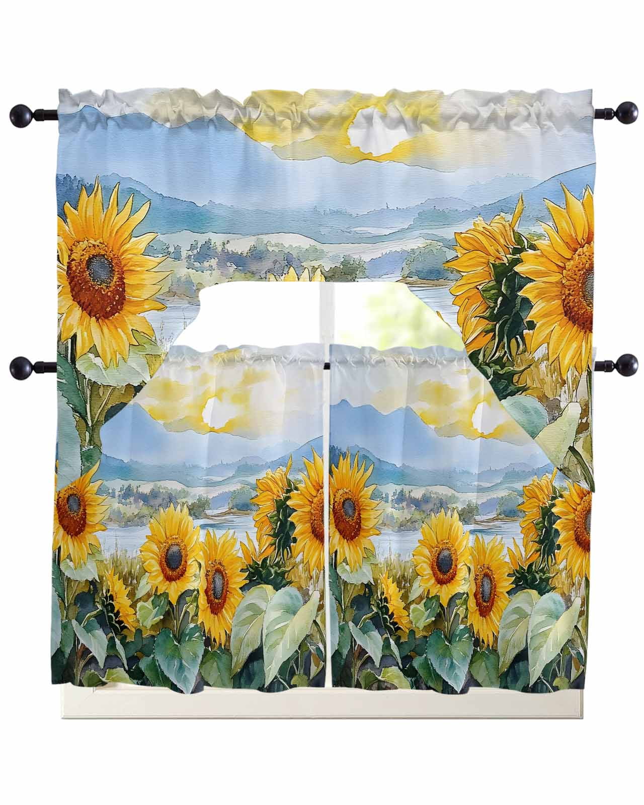 Sunflower Floral Kitchen Curtains Swag Valance and Tier Curtains Set 36 ...