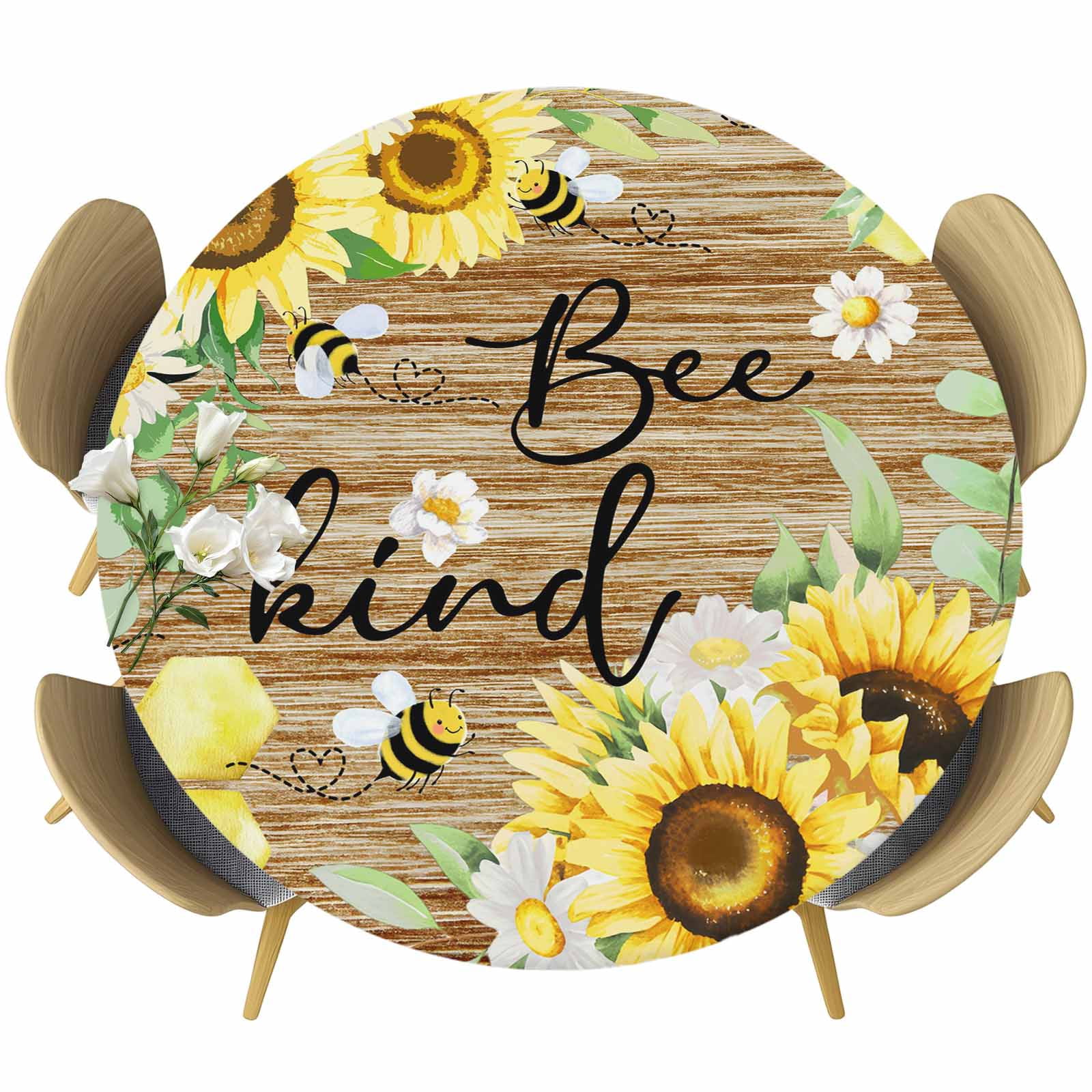 Sunflower Floral Round Tablecloth, Fitted Table Cover with Elastic for ...