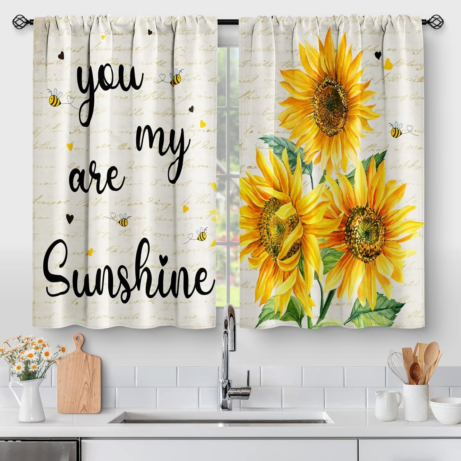 Sunflower Floral Rustic Kitchen Curtains - Spring Vintage Country Retro ...