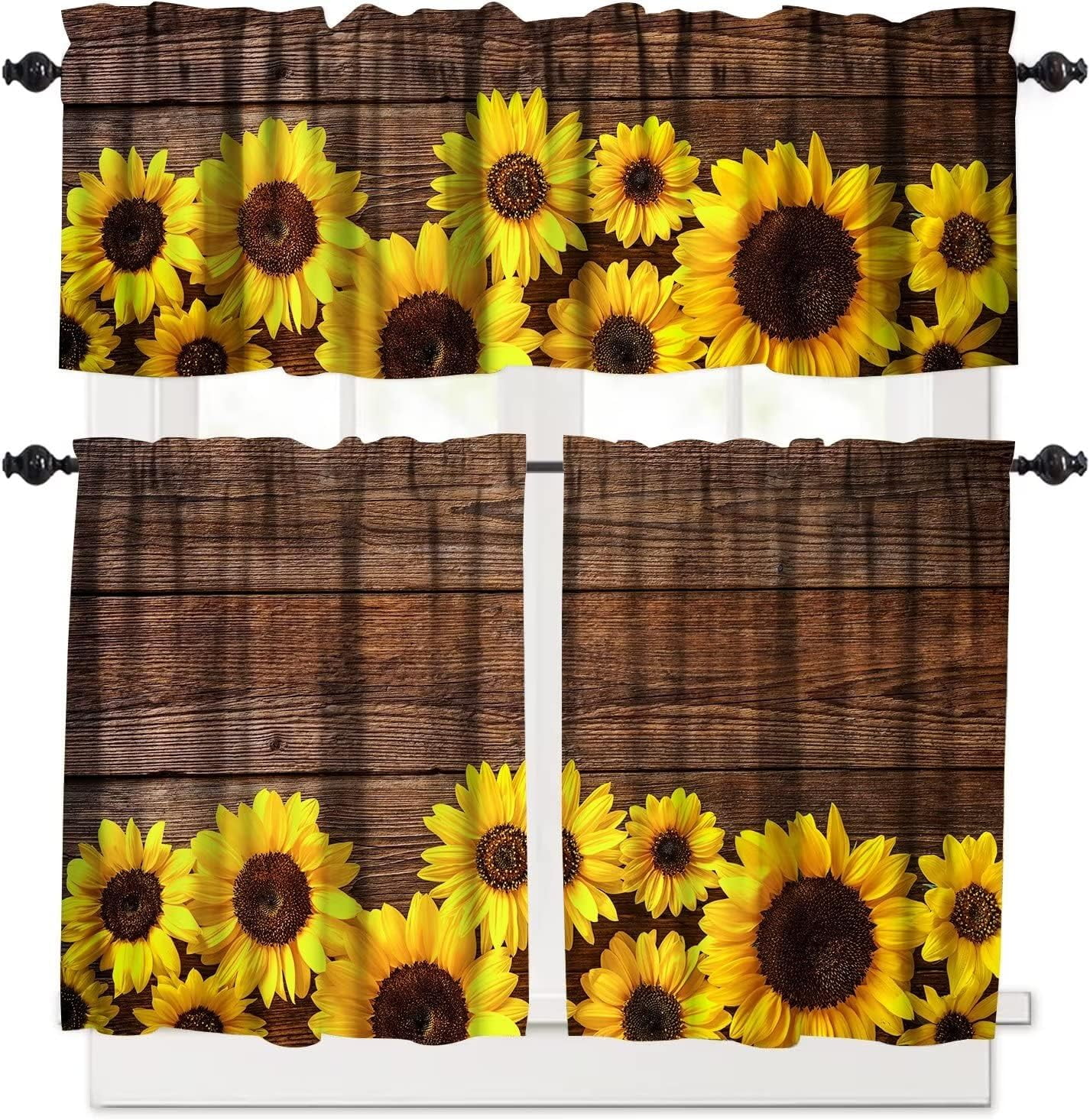 Sunflower Floral Valance and Tier Set, Farm Flower Small Half Window ...