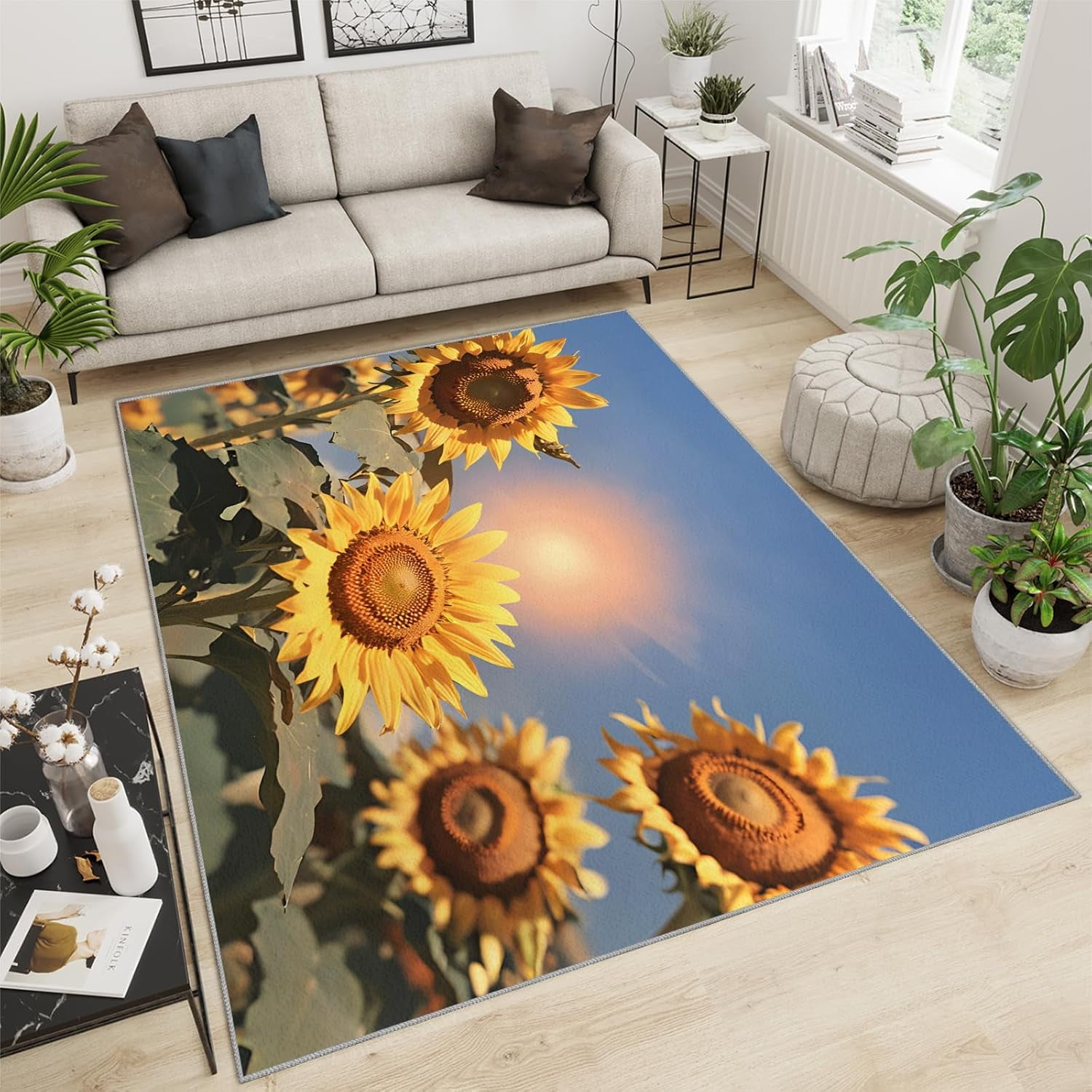 Sunflower Flower Field Area Rugs Retro Sunshine Floral Plants ...