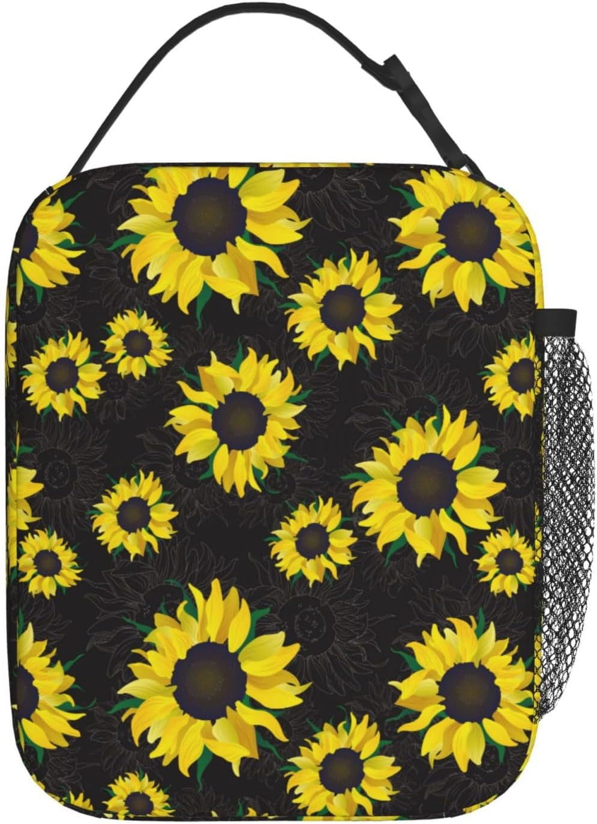 Sunflower Flower Floral Black Insulated Lunch Bag Portable Reusable ...