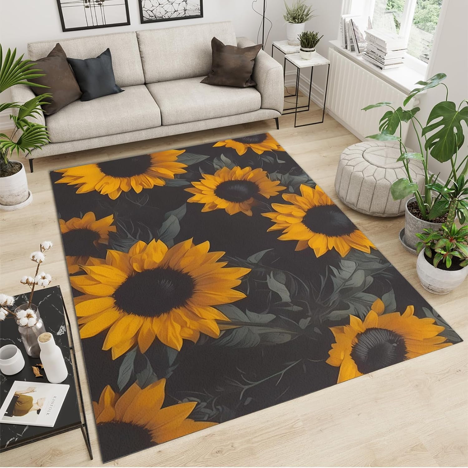 Sunflower Flowers Area Rug, European Pastoral Flowers and Plants Living ...