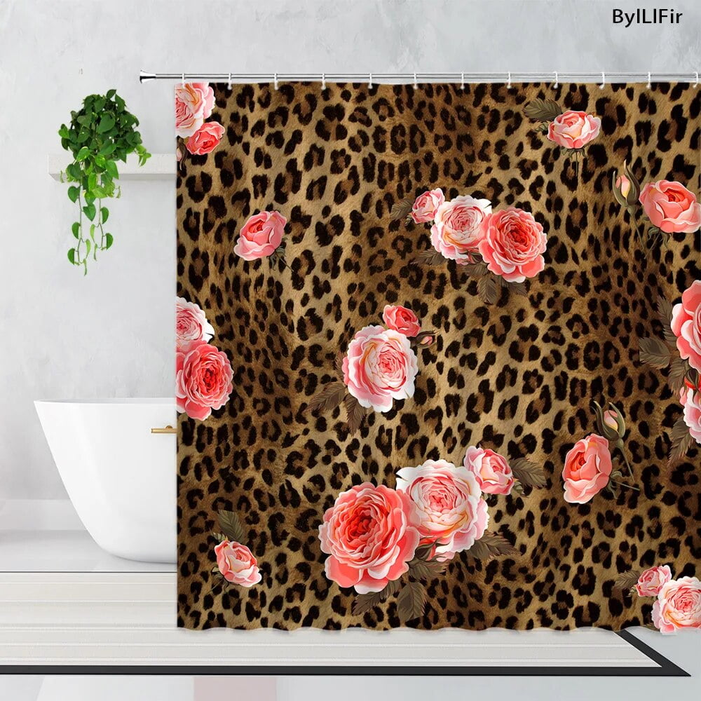 Sunflower Flowers Black White Geometric Shower Curtains Brown Leopard