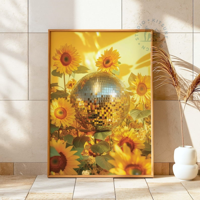 Sunflower Flowers Disco Ball Wall Art, Botanical Print, Dopamine Art ...
