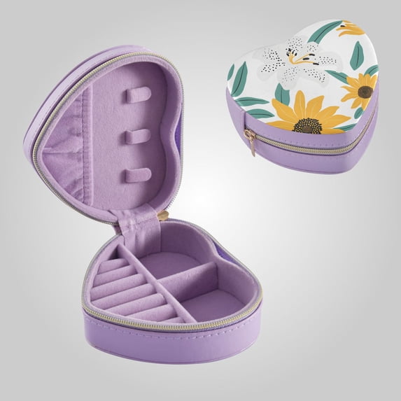 Sunflower Flowers Leaves PU Leather Heart-shaped Jewelry Box Jewel ...