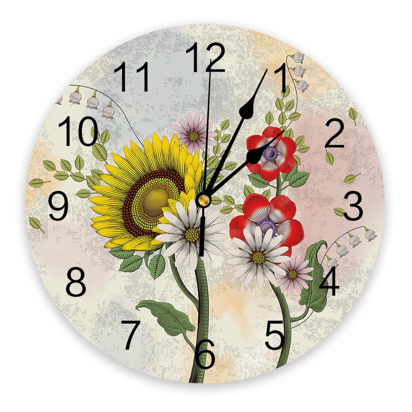 Sunflower Flowers Leaves Wall Clock Large Modern Kitchen Dinning Round ...