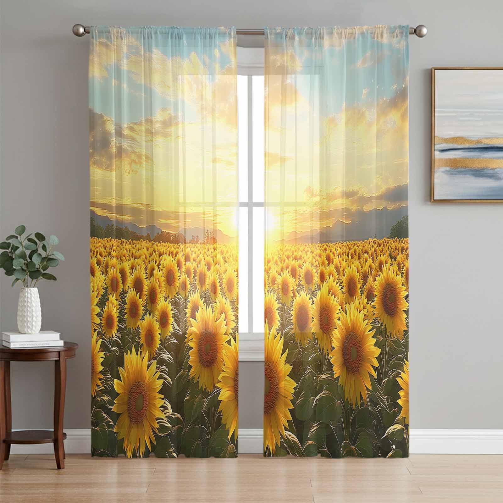 Sunflower Flowers Sheer Curtains 84 Inch Length 2 Panels Set, Summer ...