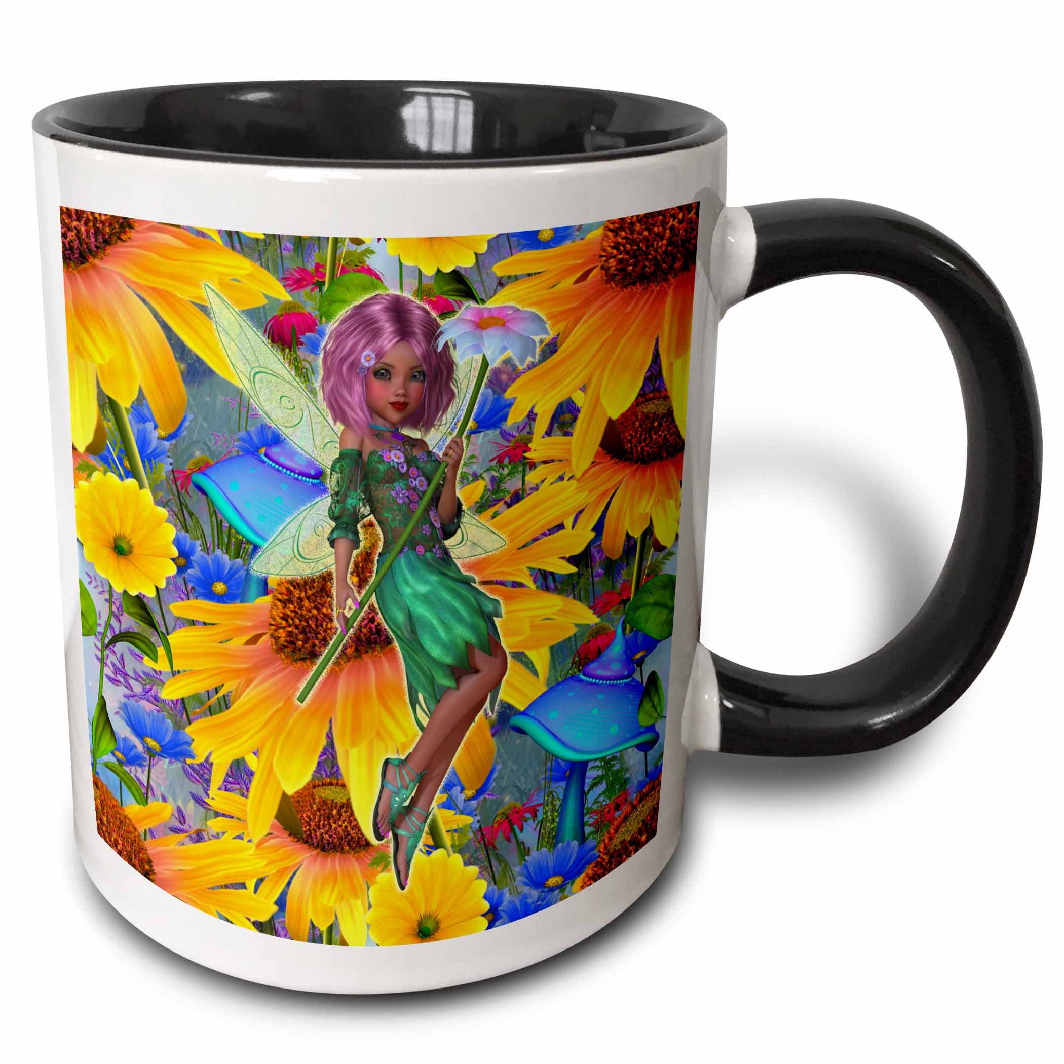 3drose, Sunflower Garden and Magical Winged Fairy, 15oz Two-tone Black ...