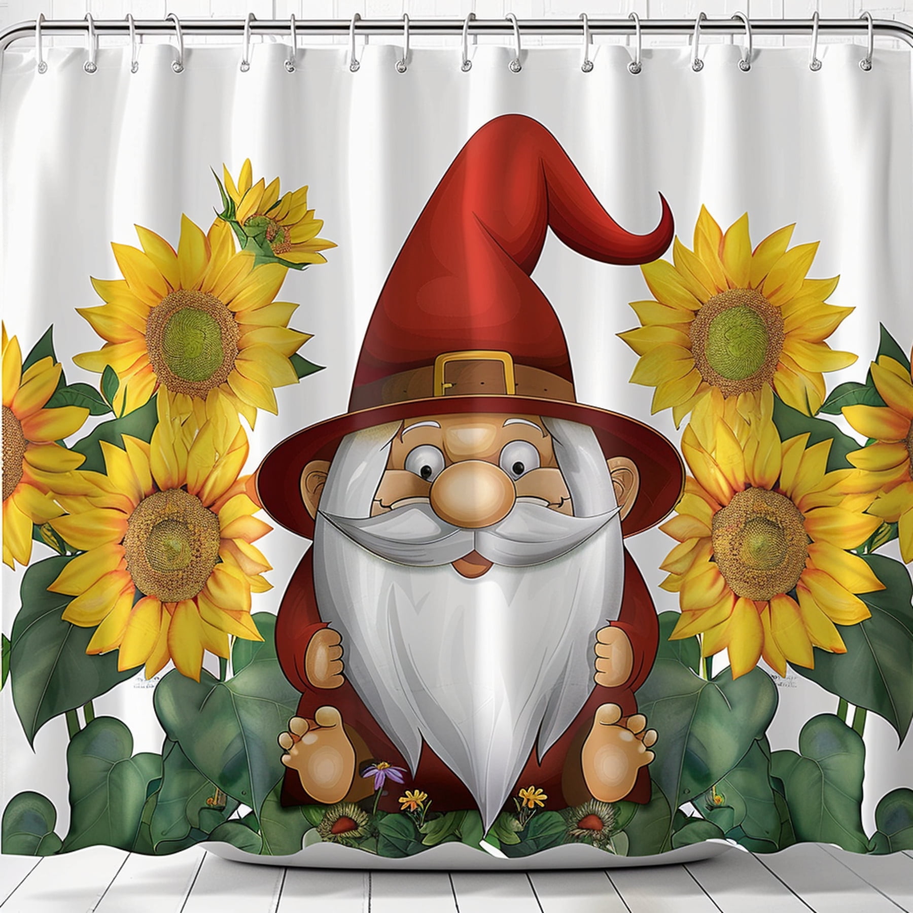 Sunflower Garden Gnome Shower Curtain Cartoon Style Bathroom Decor with ...