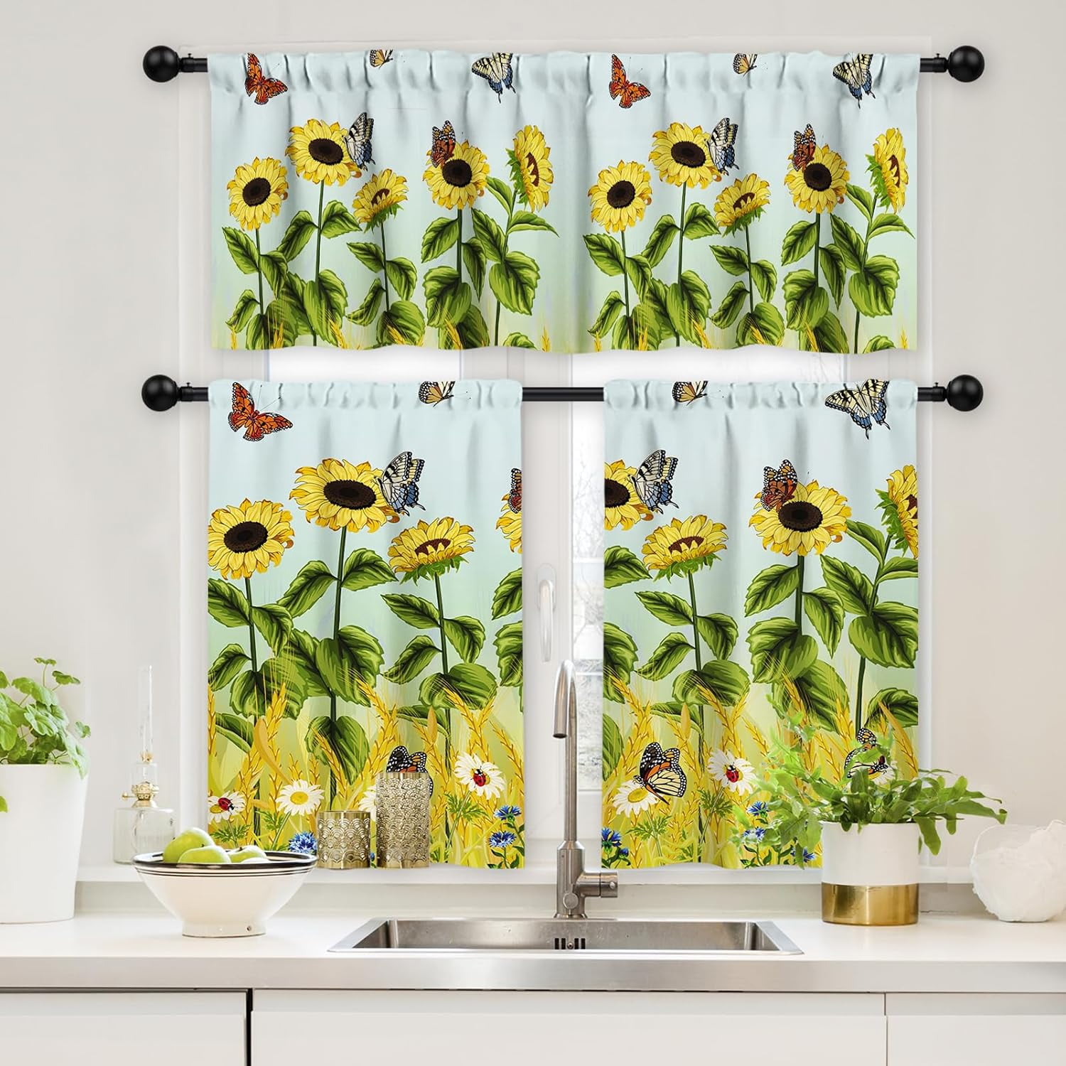 Sunflower Garden Kitchen Curtain Tier and Valances Set 3 Piece,Colorful ...