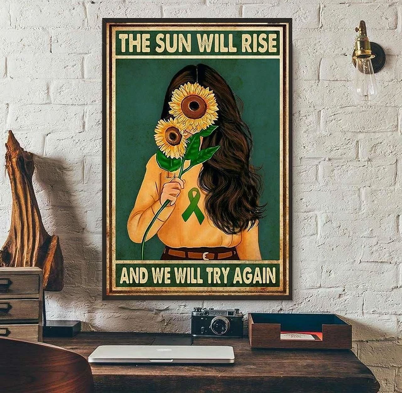 Sunflower Girl The Sun Will Rise And We Will Try Again Poster Home Decor, Vintage Art Print ...