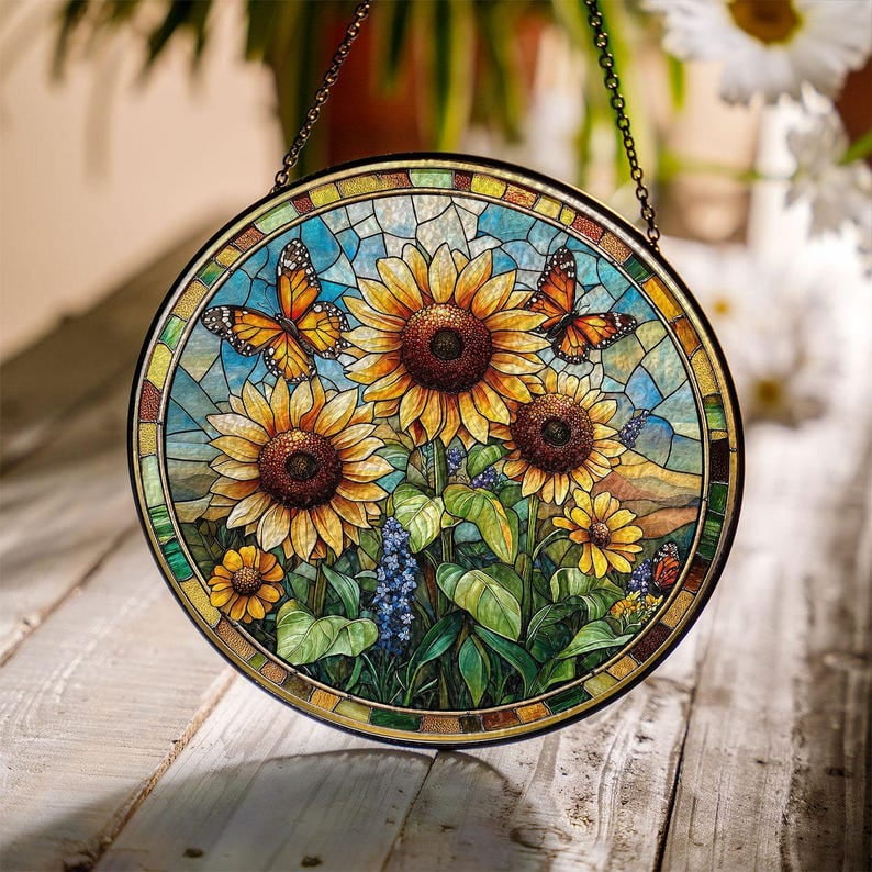 Sunflower Glass Suncatcher Floral Pendant Window Wall, Sunflower glass ...