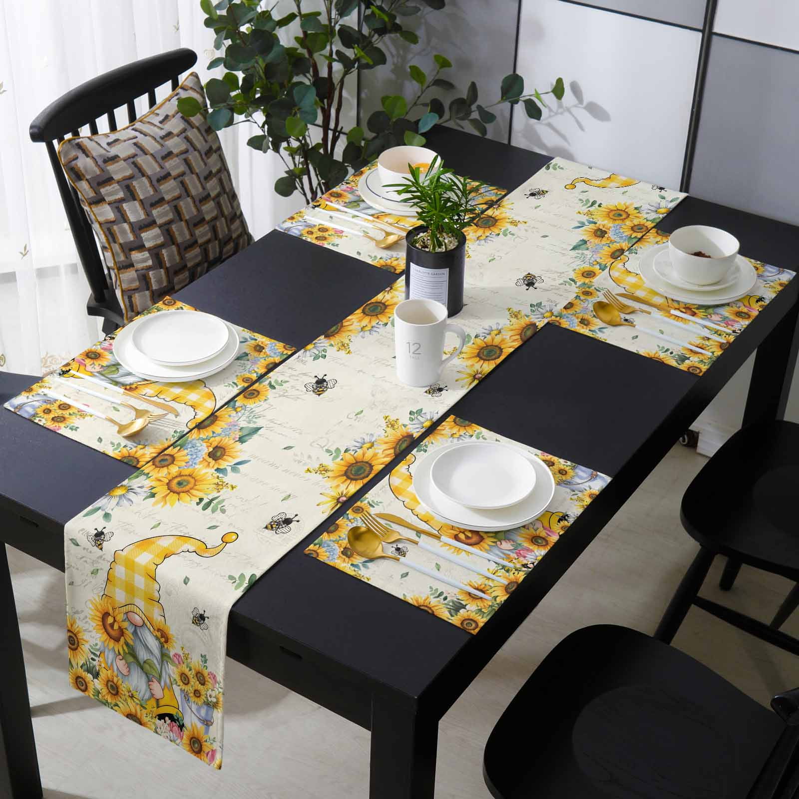 Sunflower Gnomes Placemats Set of 6 with 70 Inches Long Table Runners,Yellow Sunflower Vintage ...