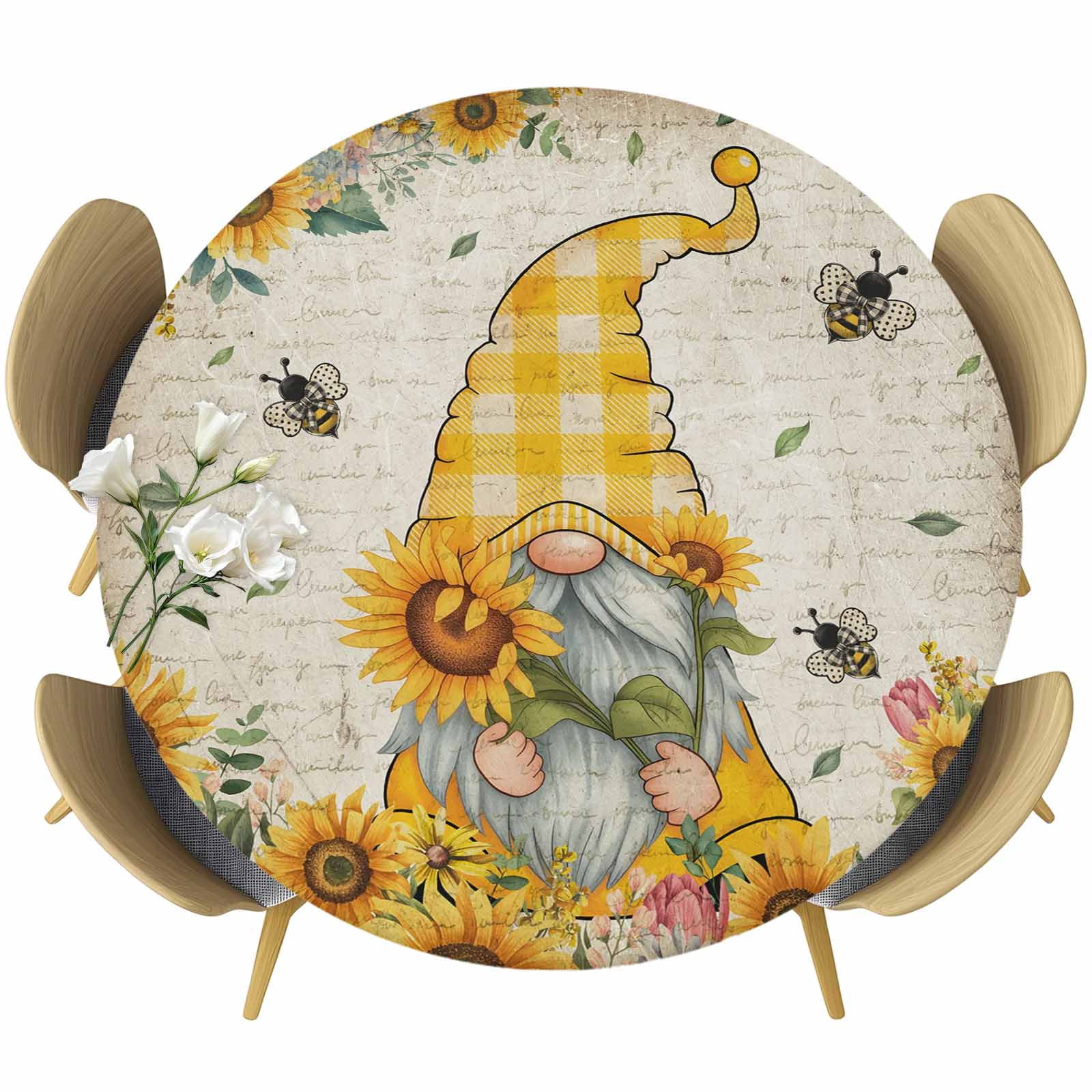 Sunflower Gnomes Round Tablecloth 36-44 Inch Round Fitted Table Cloth ...