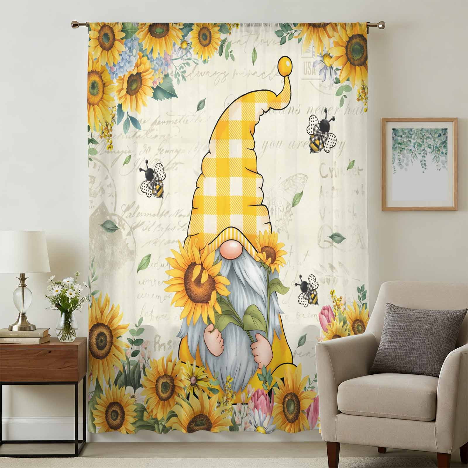 Sunflower Gnomes Sheer Curtains 63 Inches Long, Yellow Sunflower ...
