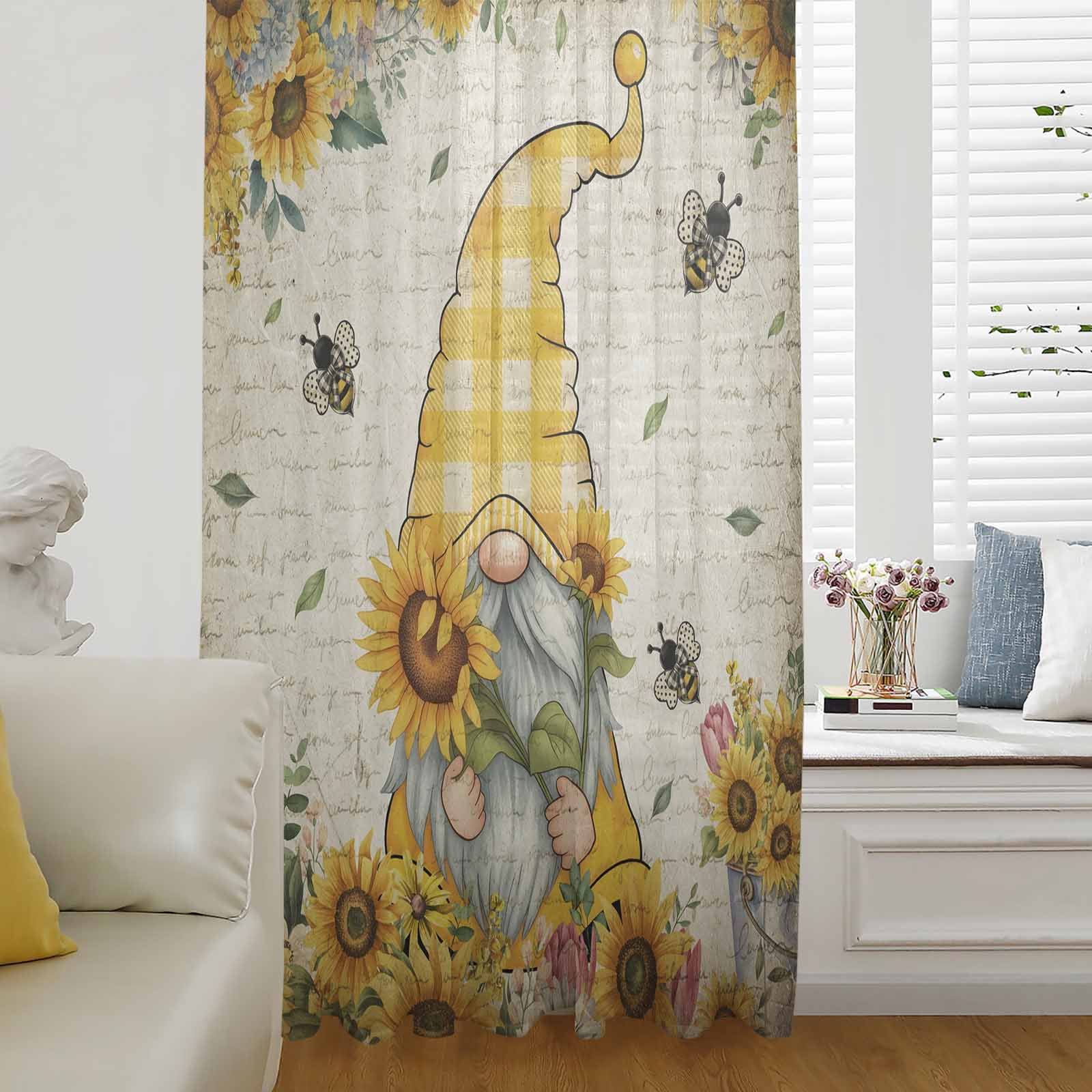 Sunflower Gnomes Window Curtain 72 Inches Long,Farmhouse Leaf Floral ...