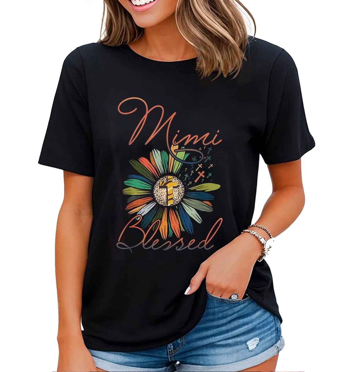 Sunflower Graphic T-shirt Women Mimi Blessing Faith Cross Christian T ...