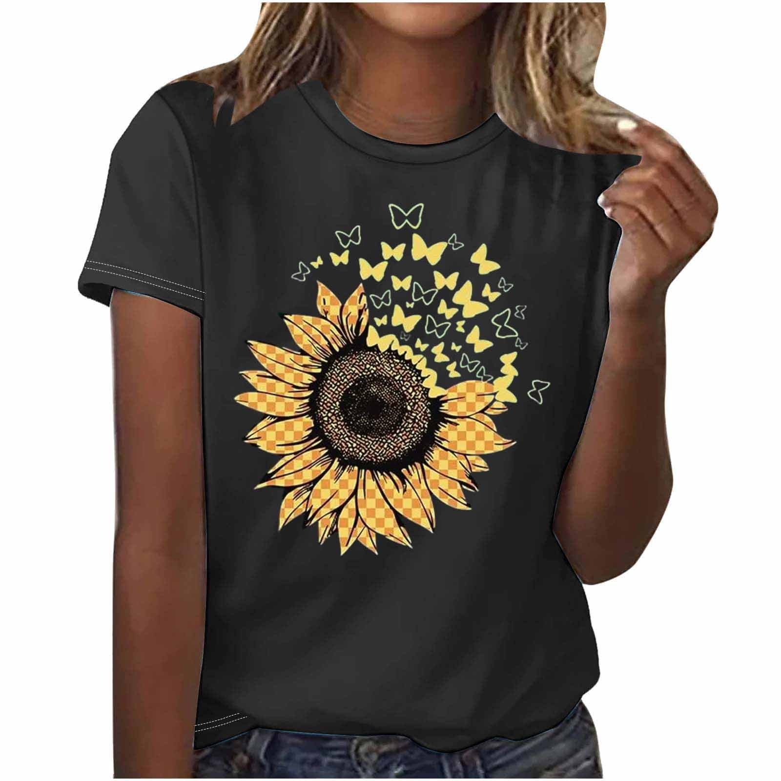 Sunflower Graphic Tshirts for Women Butterfly Print Tees Cute Animal ...