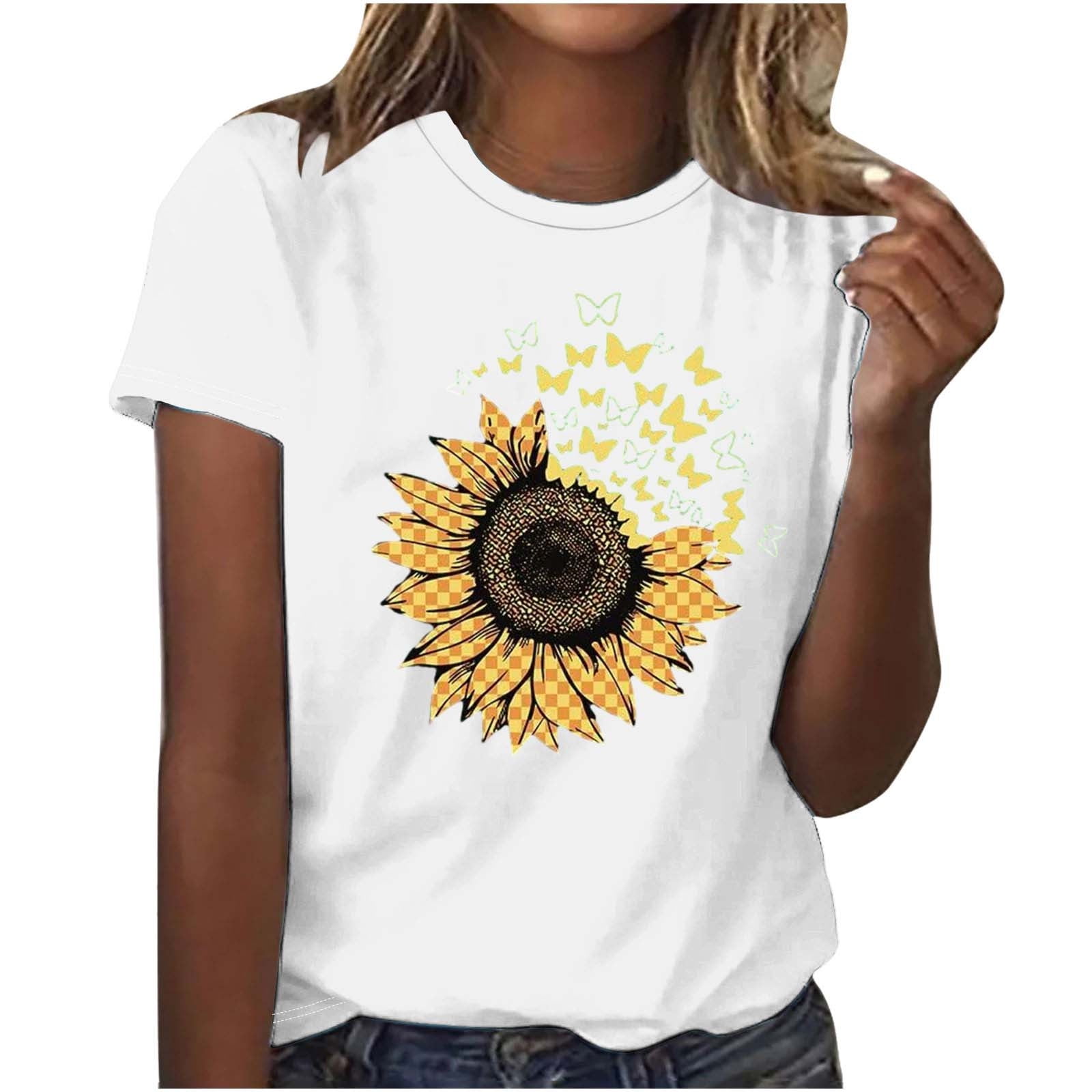 Sunflower Graphic Tshirts for Women Butterfly Print Tees Cute Animal ...
