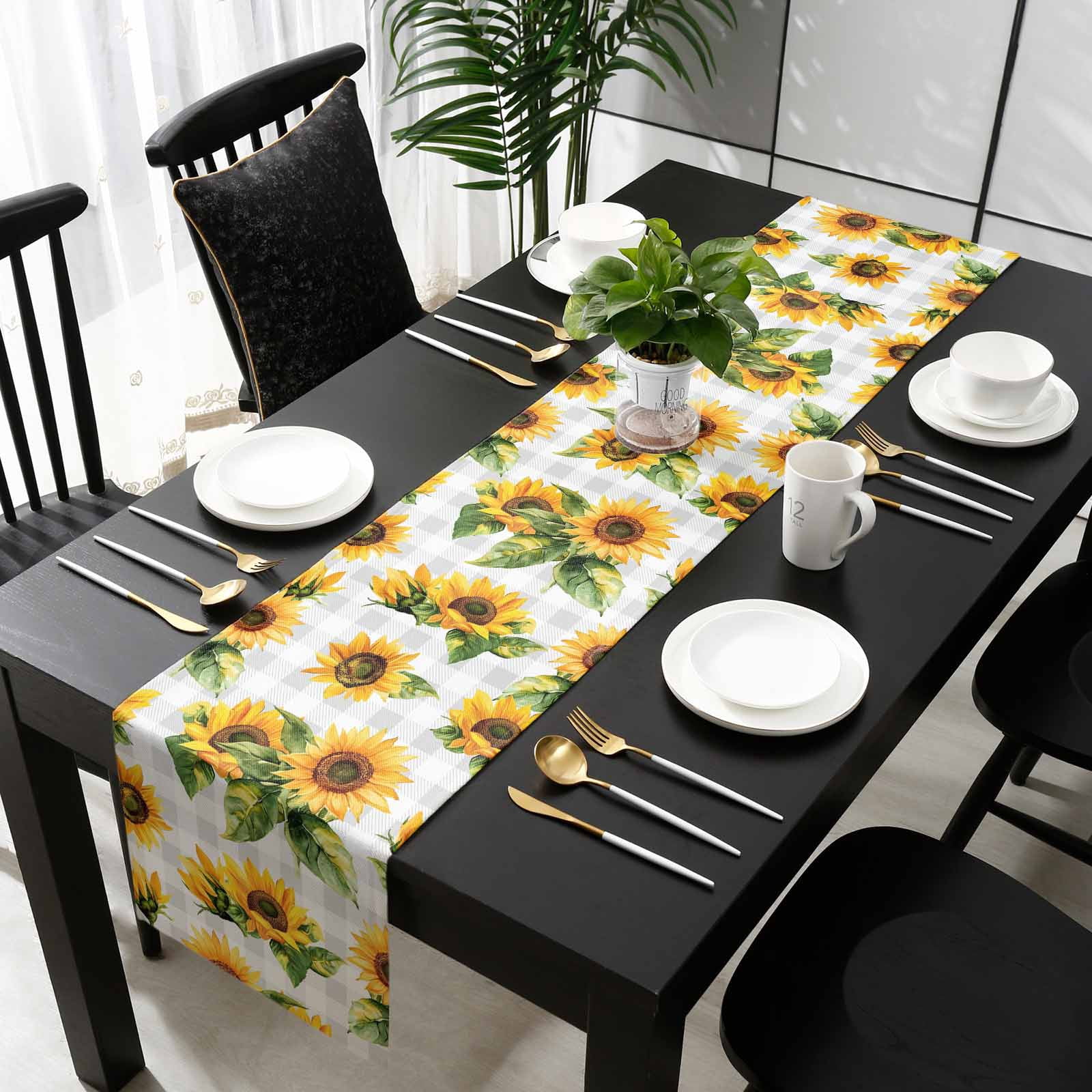 Sunflower Gray Check Cotton Linen Table Runner 13 x 72 inch Spring ...