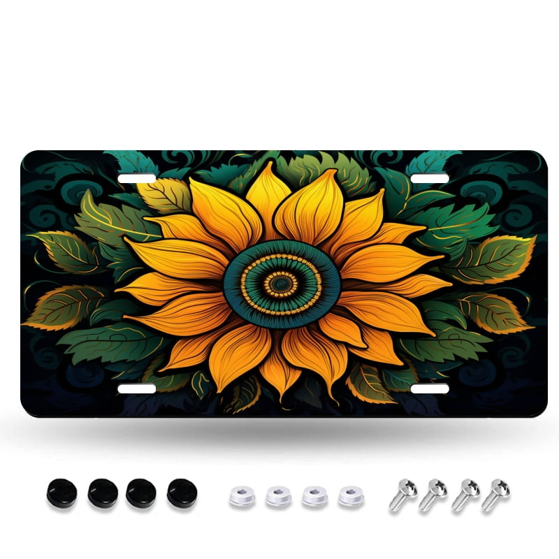 Sunflower with Green Leaves on a Black Background License Plate Frame ...