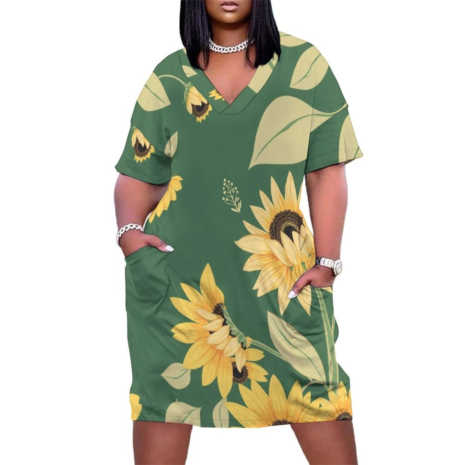 Sunflower Green Pattern Loose Pocket Dress Elegant Women"s Dresses for Wedding Wedding Dresses ...