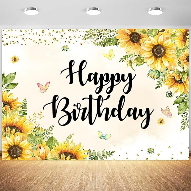 Sunflower Happy Birthday Backdrop Butterfly Sunflowers Gold Dots ...