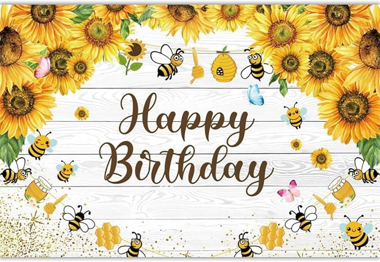 Sunflower Happy Birthday Backdrop, Rustic Wood Honeybee Birthday ...