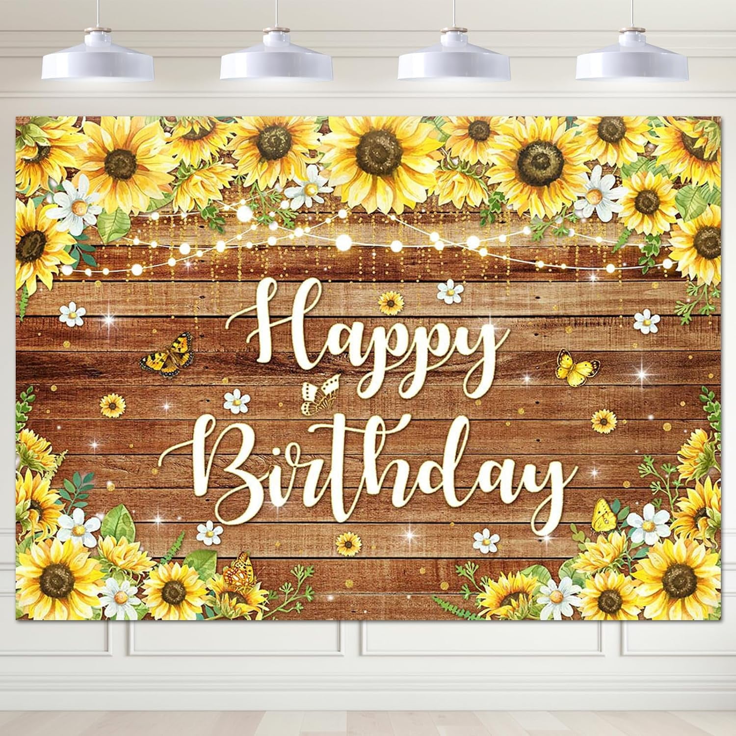 Sunflower Happy Birthday Backdrop Rustic Wood Sunflower Butterfly ...