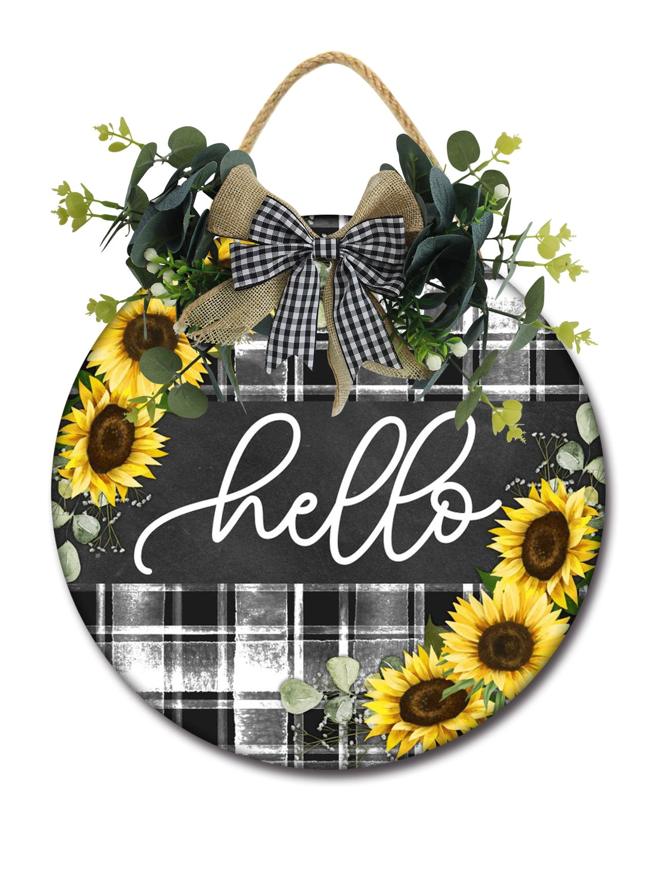 Sunflower Hello Sign Front Door Porch Decorations, Round Rustic Wood ...