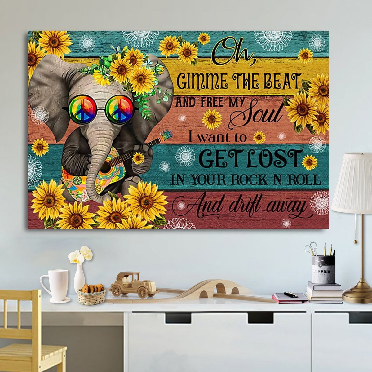 Sunflower Hippie Elephant Guitar Oh Gimme The Beat Paper Poster No ...
