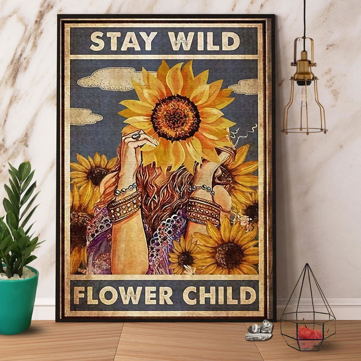 Sunflower Hippie Girl Stay Wild Flower Child Satin Poster Wall Art ...