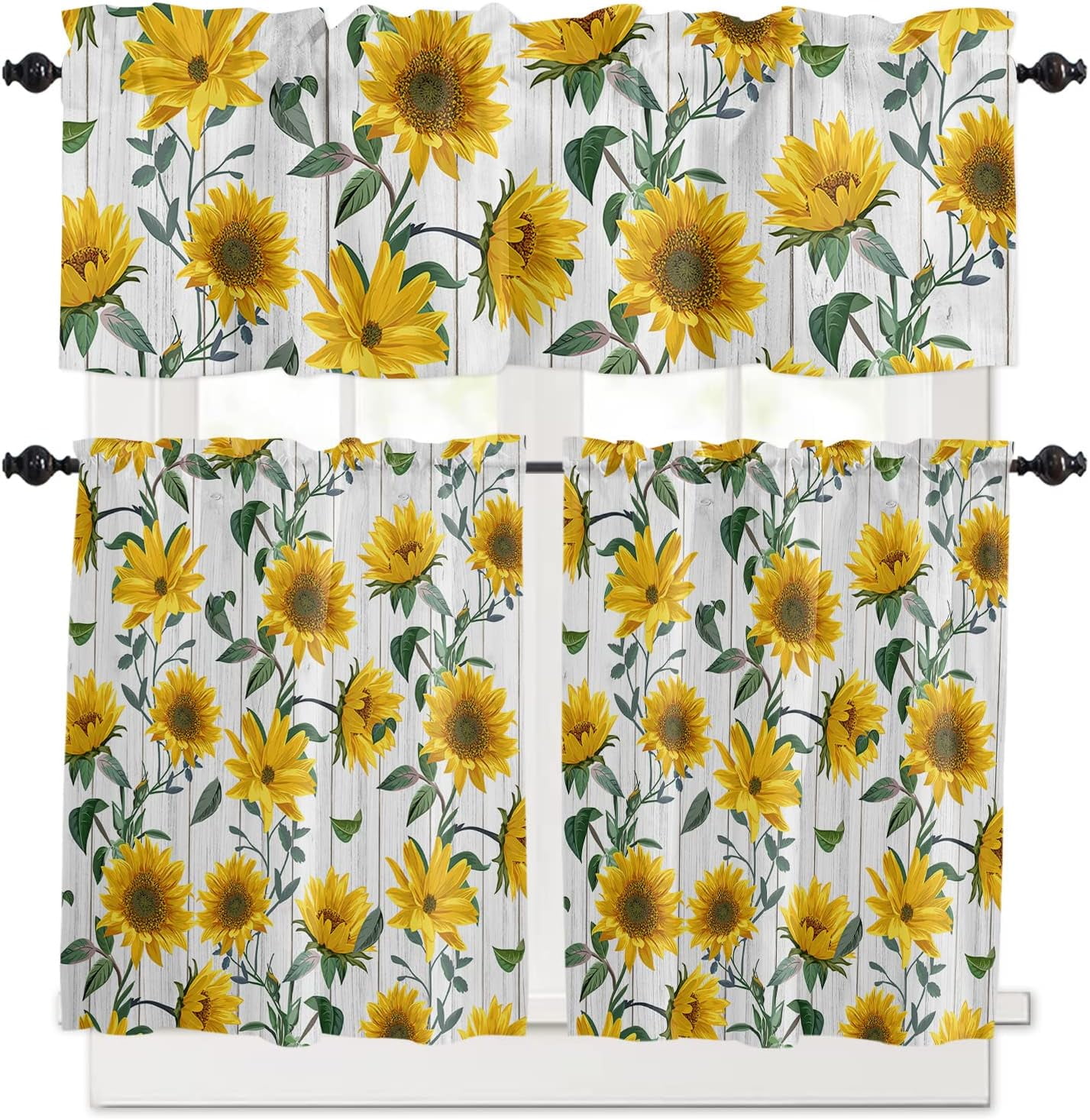 Sunflower Kitchen Curtain Valance and Tiers Set Yellow White Flower Rod ...