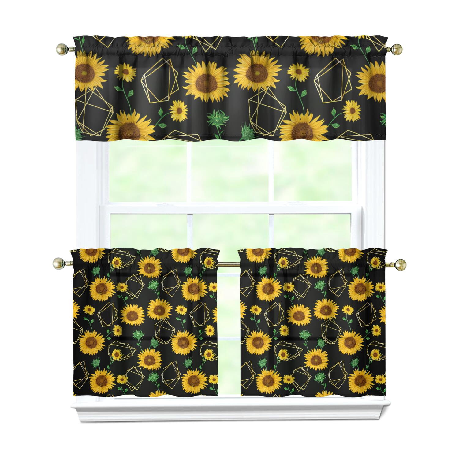 Sunflower Kitchen Curtains 3 Piece Set - Yellow Floral Boho Tier ...