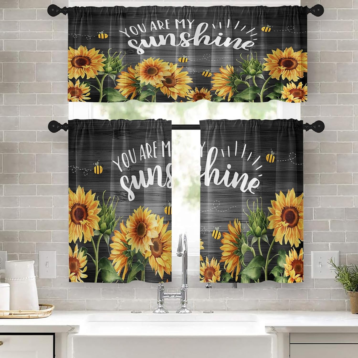 Sunflower Kitchen Curtains Farmhouse Window Curtains Valance and Tier ...